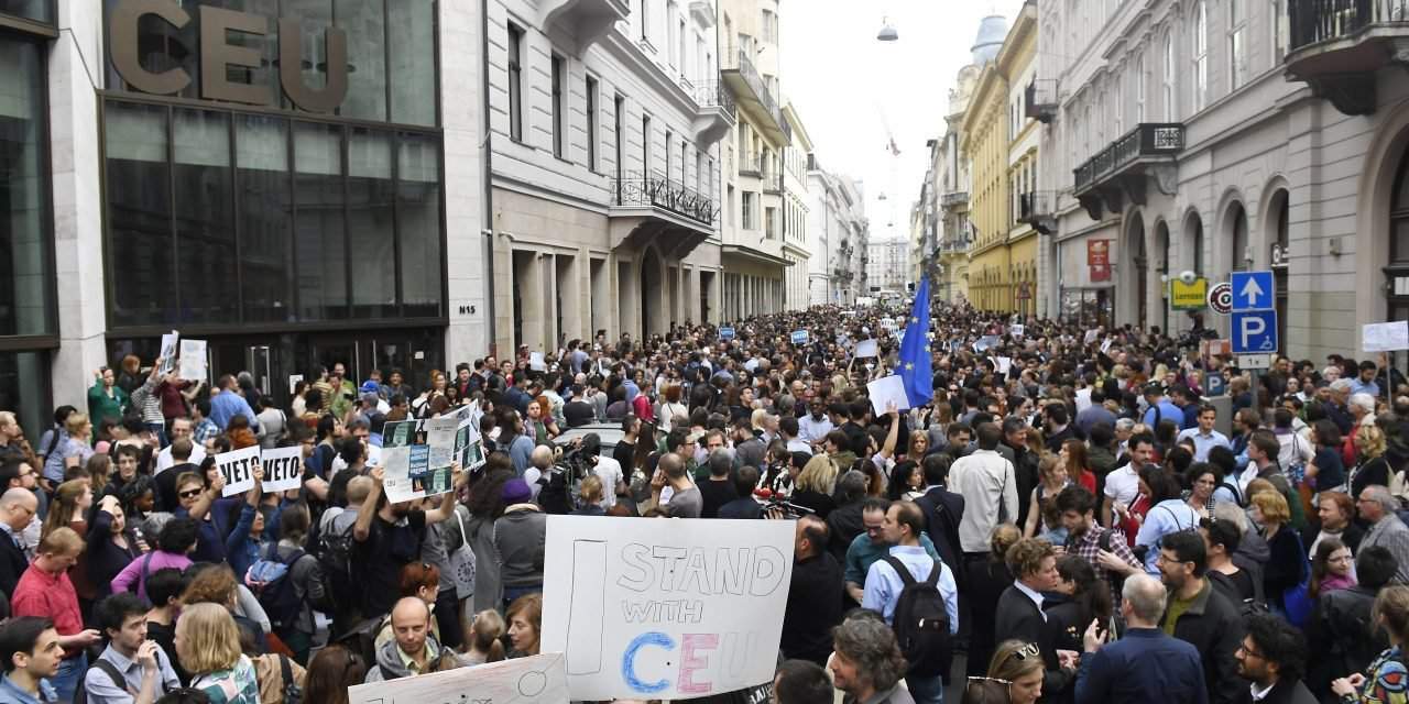 CEU demonstration - Protesters throwing paint at presidential palace to ...